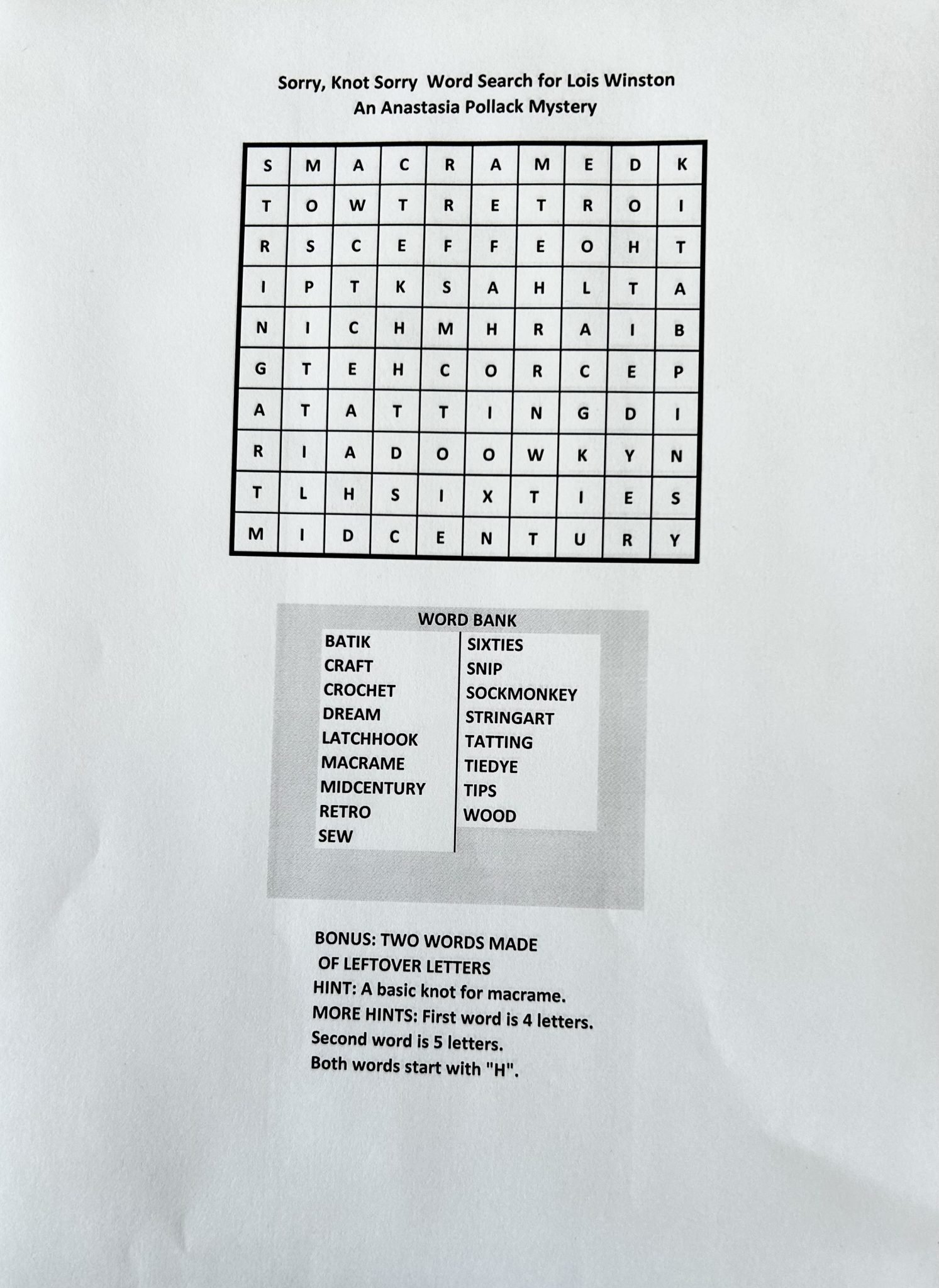 Word search for Sorry, Knot Sorry – Booklover's Bench